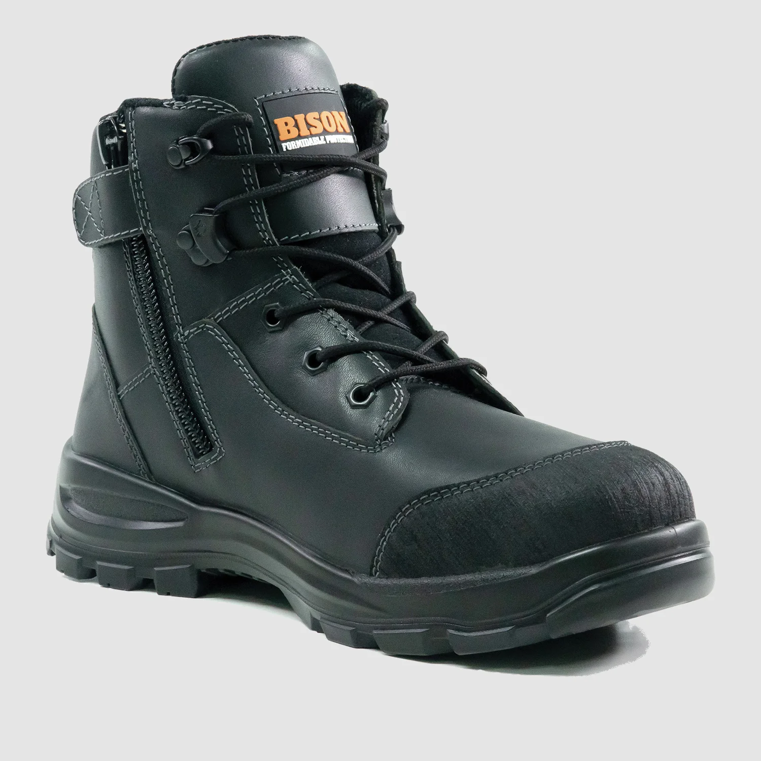 Bison Safety Boot TOR Zip Side Lace Up Black